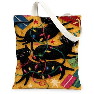 Generic Sacs fourre-tout en toile motif chat de No&euml;l, sacs d&eacute;picerie r&eacute;utilisables, festifs, fantaisie, l&eacute;gers, lavables, jaune, 13x15 Inch