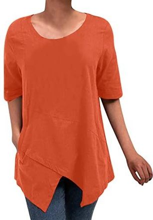 Generic Chemisiers d&eacute;t&eacute; pour femme - Grande taille - Manches quart - T-shirts en coton pour femme - Coupe ample - Chemise en lin boh&egrave;me ample - Haut blanc - H