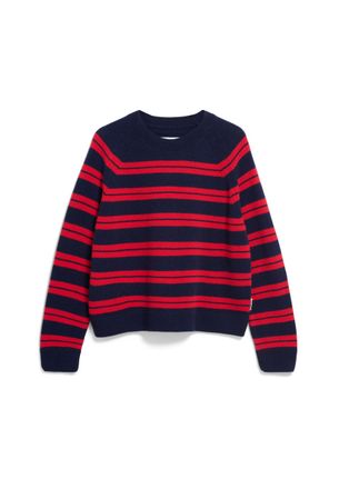 Armedangels Damen Pullover aus Bio-Woll Mix LILIRIAA FINE Stripes Loose Fit Tinted Navy-Candy Apple