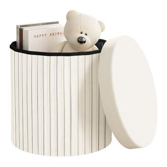 Woltu Pouf Rond avec Rangement, Tabouret de Rangement Pliable, Tabouret avec Couvercle Rembourré, Coffre Pouf en Velours, MDF, Ø38xH36 cm, Crème