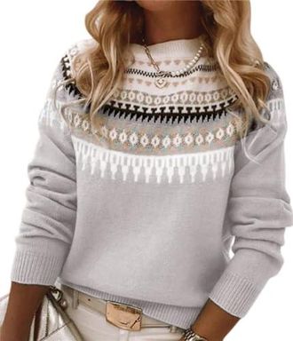 Generic Pull tricot&eacute; vintage &agrave; col rond et manches longues pour femme Motif Fair Isle, 02, 5XL-6XL