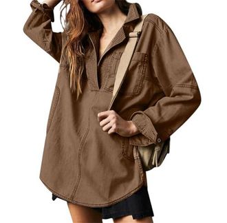 Generic Pull en jean d&eacute;contract&eacute; pour femme, col en V, coupe ample, manches longues, veste en jean avec poche, marron, XXL