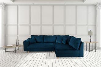 Norrwood home24 Ecksofa Meyford Blau Samt Ravi 230 x 85 x 160cm Ottomane davorstehend rechts ohne Hocker Skandi