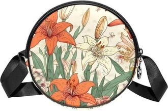 Generic Sac &agrave; bandouli&egrave;re rond pour femme, petit sac &agrave; bandouli&egrave;re Lilies avec fermeture &eacute;clair et bretelles r&eacute;glables Style d&eacute;contract&eacute;
