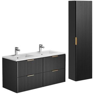 Vente-Unique Vente-Unique - Meuble sous vasque suspendu stri&eacute; 120 cm - Vasque &agrave; encastrer c&eacute;ramique blanche - Colonne de rangement noir MDF - &Eacute;co-responsable