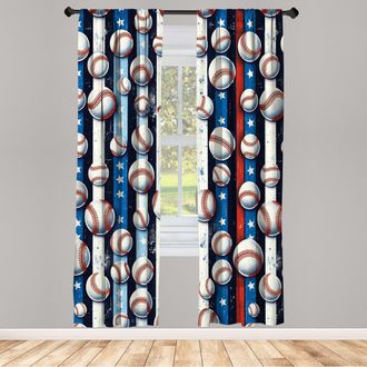 Abakuhaus Baseball Fenstervorhänge, Ballmuster 4. Juli, Leichtes Dekor-2-Panel-Set mit Stangentasche, 2 Stück 75 cm x 245 cm,Meerblau Weißgrau Rot