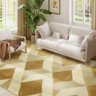 HOMCOM Tapis salon moderne poils courts style graphique géométrique beige moutarde 230 x 160 cm
