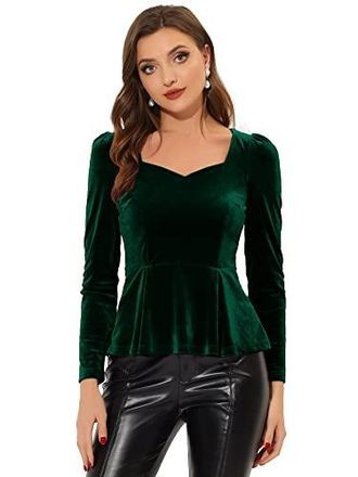 Allegra K Chemisier en Velours pour Femme élégant col en coeur à Manches Longues Haut Peplum Vert foncé XL