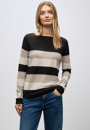 Street One Strickpullover STREET ONE, Damen, Gr. 34, schwarz, Feinstrick, 71% Viskose, 29% Nylon, gestreift, comfort fit normal, U-Boot-Ausschnitt, normaler Saum
