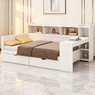 Generic Schlafsofa 90x200 cm in Weiß | Daybett mit Nachttisch & Untertischablage | Steckdose+USB & 2 Schubladen | Integrierter Schreibtisch | Spanplatte ohne 