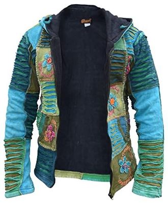 Gheri Veste &agrave; capuche longue en coton pour homme Motif patchwork Turquoise, Doublure polaire., XL