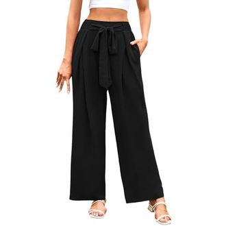 Generic Pantalon en coton et lin pour femme - Jambe large - Pantalon de plage d&eacute;t&eacute; pour femme - Confortable - Pantalon de yoga Palazzo XIYU26070, Noir, XS