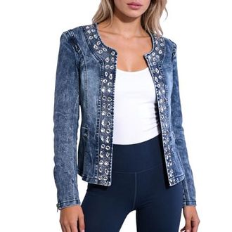 Generic Femmes Strass Sequins Denim Veste Casual Manches Longues Sans Col Court Denim Manteau, bleu, XXL