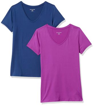 Amazon Essentials Damen Kurzärmeliges T-Shirt mit V-Ausschnitt aus Tech-Stretch-Stoff - Auslauffarben, 2er-Pack, Marineblau/Orchideenviolett, 3XL Große Größen