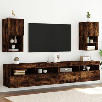 tidyard TV-Schr&auml;nke mit LED-Leuchten 2 STK. R&auml;uchereiche 30,5x30x60 cm, Wohnwand Kombination TV-Bank Lowboard f&uuml;r Wohnzimmer B&uuml;ro Home-Cinema836996