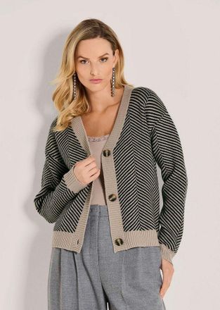 Madeleine Strickjacke Cardigan aus Schurwolle mit V-Ausschnitt Strickjacke mit Fischgrat-Jacquard, lang&auml;rmelig, Kn&ouml;pfen