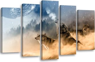 Feeby Bilder Wolf XXL 5-Teilig Typ A 100x70 cm Wohnzimmer Schlafzimmer B&uuml;ro Flur K&uuml;che Wandbilder Leinwandbilder Modern Bild auf Leinwand Wanddekoration Kun