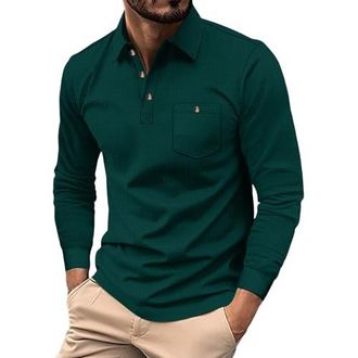 Generic Polo pour homme de grande taille, manches longues, chemise gaufr&eacute;e &agrave; revers de couleur unie, demi-boutons, l&eacute;g&egrave;rement ajust&eacute;e, chemises d&eacute;contract&eacute;es,