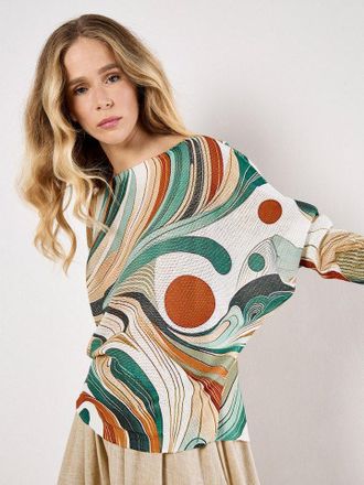 Apricot Blusentop Stricktop mit Swirl-Print mit Fledermaus&auml;rmeln