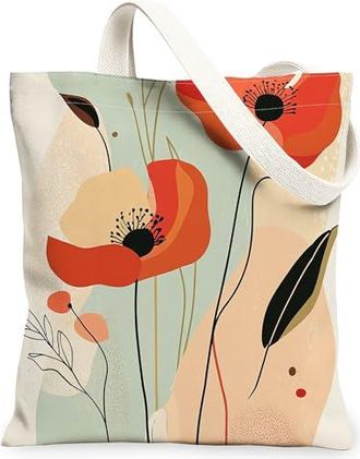 Generic Sac fourre-tout en toile r&eacute;utilisable avec motif floral du milieu du si&egrave;cle pour le shopping, 33 x 38 cm, motif floral r&eacute;tro du milieu du si&egrave;cle, sac 