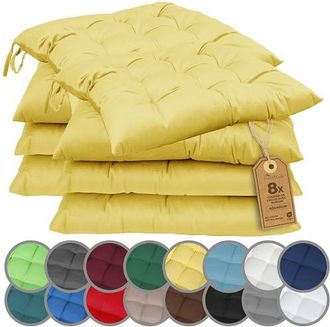 NatureMark Lot de 8 Galettes de Chaises avec Rubans 40x40 cm - Coussin de Chaise &Eacute;pais pour Int&eacute;rieur & Jardin - Couleur Jaune