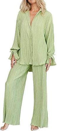 Generic Femmes 2 pièces Tenues décontracté à Manches Longues Coupe Ample boutonné Chemises Blouses Hauts Jambe Large Pantalons Longs Ensembles Pantalon Maille
