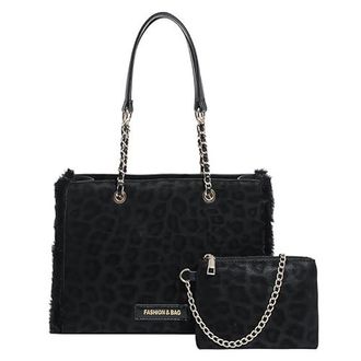 Generic Sac fourre-tout polyvalent en daim synth&eacute;tique imprim&eacute; l&eacute;opard avec fermeture &eacute;clair pour les sorties, Noir, 310*100*220mm