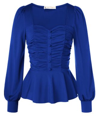 Belle Poque Peplum Tops f&uuml;r Damen Puff&auml;rmel Quadratischer Ausschnitt Ger&uuml;schte Vorderseite Blusen Oberteile