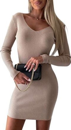 Minetom Robe Pull Femme Couleur Unie Manches Longues Pullover Col V Slim Fit Robe Casual Tricot&eacute; Automne Hiver Bodycon Mini Robe A Kaki S