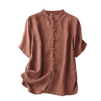 Generic Haut d&eacute;t&eacute; en lin pour femme, coupe ample, boutonn&eacute;e, manches courtes, l&eacute;ger, chinois, r&eacute;tro, boh&egrave;me, &eacute;l&eacute;gant, Rouge, XXL