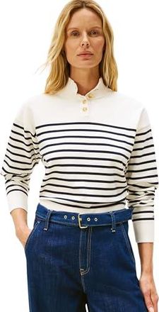 Tommy Hilfiger Pull Femme Jersey Gold avec Col Chemin&eacute;e, Blanc (Placed Thin Navy STP Sweaters), XS