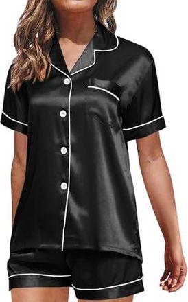 Generic Pyjama Femme Ensemble Court en Satin Sexy : Loungewear Femmes Ensemble &Eacute;t&eacute; avec Boutonni&egrave;re Manches Courtes Pyjama Shorts Soie Ensemble Pyjama Couleur