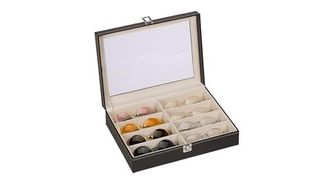 Relaxdays Brillenbox, 8 Brillen, Lederoptik, Samtbezug, Glasfenster, HxBxT: 8,5 x 33,5 x 24,5 cm, Brillenkoffer, schwarz