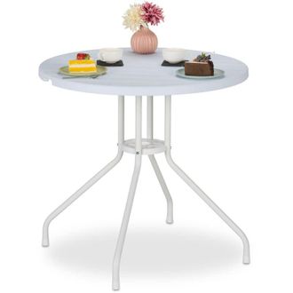 Relaxdays Relaxdays Table de jardin ronde, H x D : 74 x 80 cm, aspect bois, ronde, balcon, terrasse, plastique et acier, blanche