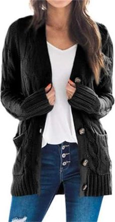 Generic Cardigan dautomne d&eacute;contract&eacute; &agrave; manches longues boutonn&eacute; sur le devant pour femme, cardigan ouvert sur le devant pour femme, Noir, XXL