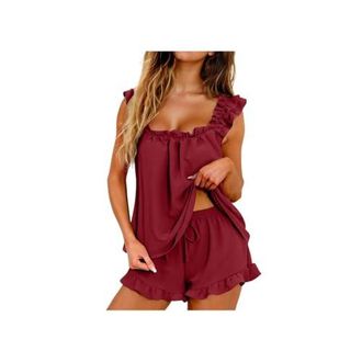 Generic Pyjama 2 pi&egrave;ces pour Femme, sans Manches, &eacute;t&eacute;, avec d&eacute;bardeur et Short (Red,M)