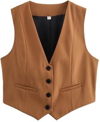 Generic Vestes pour femmes 2026 Veste de costume courte &agrave; col habill&eacute; boutonn&eacute;, marron, M