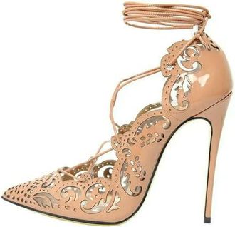 Generic YUJIEBB Chaussures de mariage en cuir sculpt&eacute; avec fleurs sculpt&eacute;es pour femme - Talon aiguille &agrave; lacets et d&eacute;coupes florales - Pointure 34-46, nude, 