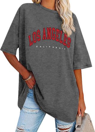 Dresswel Oversized T Shirt Damen Los Angeles California Brief drucken Vintage T-Shirt Kurzarm Rundhals Sommer Oberteile Lose Bluse Lang Tunika Top f&uuml;r Teenager
