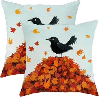 Generic Niedlicher Herbstkr&auml;henvogel Kissenh&uuml;llen Mit Rei&szlig;verschluss Dekokissen Quadratische Kissenh&uuml;lle F&uuml;r Balkon Sofa B&uuml;ro 45X45Cm 2Er Set