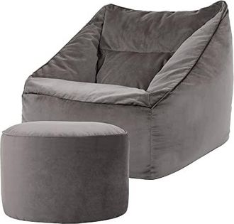 Icon Brand Natalia Sitzsack Sessel mit Sitzpuff für Erwachsene, Dunkelgrau, Flauschiger Samtstoff, Riesen Sitzsack Samt mit Füllung, Bean Bag Chair, Bequemer Ses