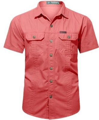 Generic T-shirt à poche pour homme - Chemise cargo tactique militaire boutonnée à manches courtes - Pour la pêche en plein air, le camping, Z02-Chemises rouge