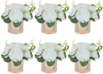 Nuptio Kleine K&uuml;nstliche Blumen in Vase: 6 St&uuml;ck Wei&szlig; Fake Seidenblumen mit Glas Vasen f&uuml;r Wohnzimmer Tischdeko - Dekoblumen Kunstblumen Rosen Mittelst&uuml;ck f&uuml;