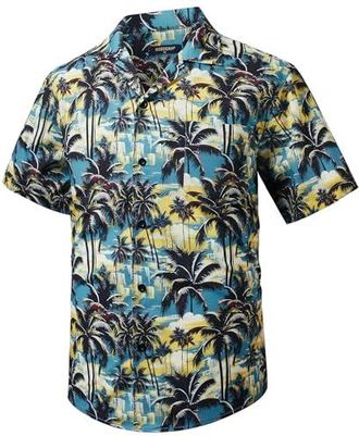 Hisdern Chemise Hawaïenne Homme Les Palmiers Manches Courtes Funky Imprimé Blue Hawaii Chemises pour Plage Vacances avec Poche-Avant 4XL