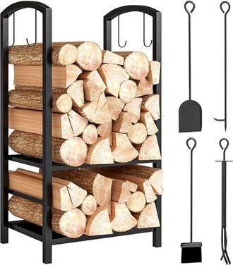 OUTSUNNY Porte b&ucirc;ches - Range b&ucirc;ches Serviteur de chemin&eacute;e - Multi Accessoires 2 &eacute;tag&egrave;res 40L x 30l x 75H cm m&eacute;tal Noir