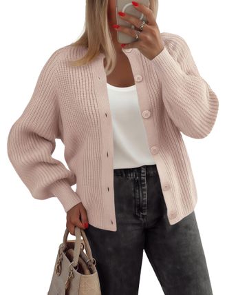 Zeagoo Strickjacken f&uuml;r Damen Rundhals Strickjacke Kurz Cardigan Open Front Sweater mit Kn&ouml;pfen Elegant Langarm Grobstrick Cardigan Herbst Winter Champagne X