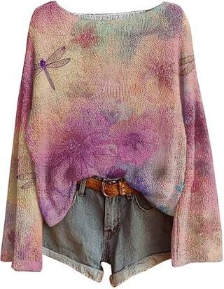 Generic Pull à manches longues pour femme - Col rond - T-shirt à manches longues vintage - Motif floral - Haut décontracté - Hiver - Coton - Pull décontracté 