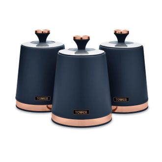 Tower Tower Cavaletto T826131MNB Vorratsdosen Set mit 3 Vorratsdosen f&uuml;r Tee/Kaffee/Zucker, Stahl, Mitternachtsblau und Ros&eacute;gold