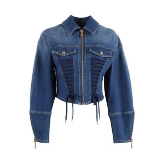 Elisabetta Franchi Femme, Vestes, Bleu, Taille: 40 FR Cazadora Denim Zip Botones Dorados