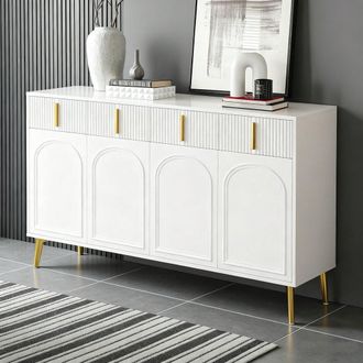 Generic Sideboard 140x37,8x82 cm mit 4 Türen & 4 Schubladen - Goldene Griffe/Beine, herausnehmbares Laminat, für Wohn- & Esszimmer (White)